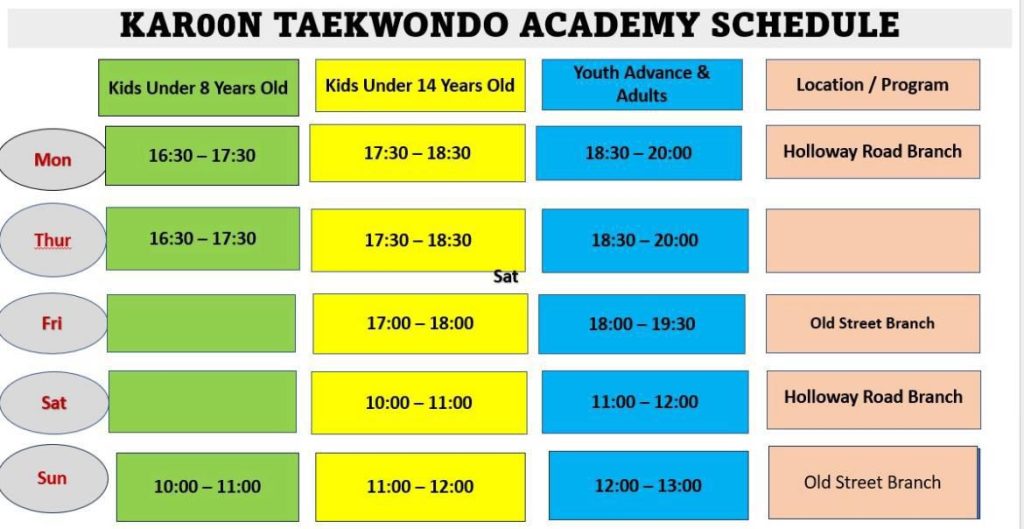 Time Table – Karoon Taekwondo Academy